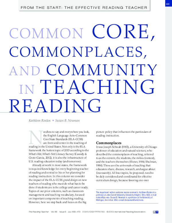 (PDF) Common Core, Commonplaces, and Community in Teaching Reading
