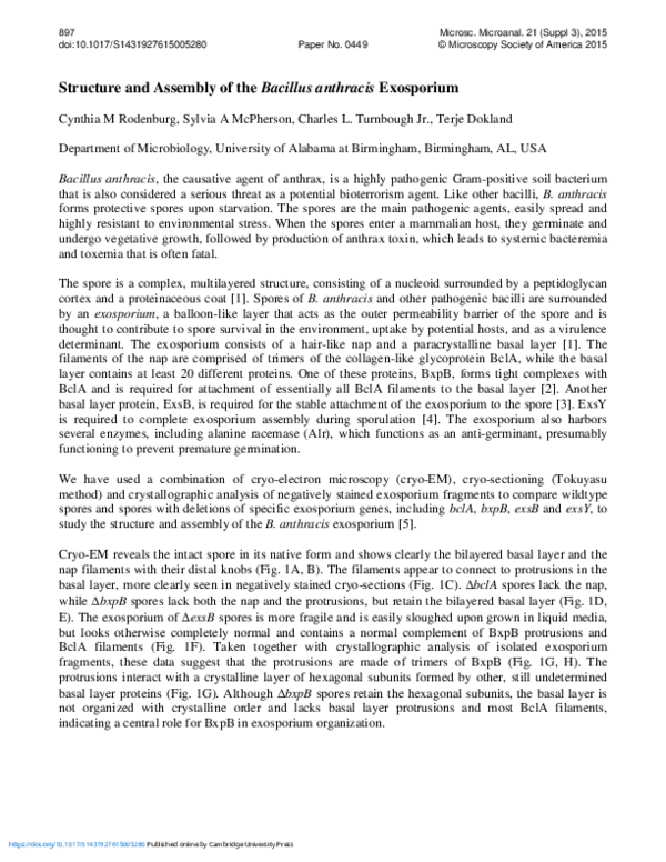(PDF) Structure and Assembly of the Bacillus anthracis Exosporium