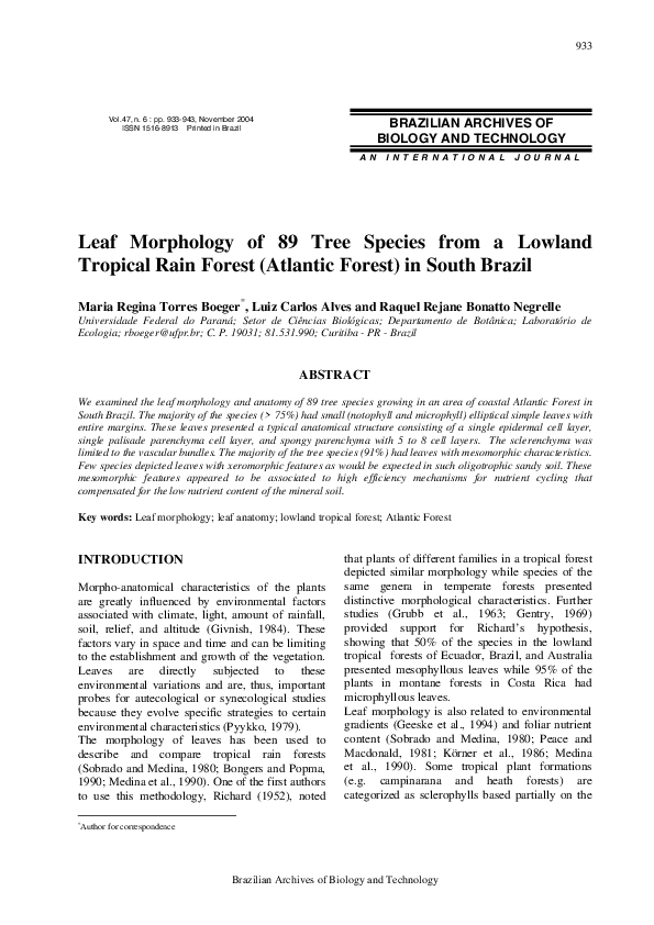 (PDF) Leaf morphology of 89 tree species from a lowland tropical rain ...