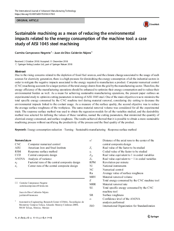 Pdf Sustainable Machining As A Mean Of Reducing The Environmental Impacts Related To The