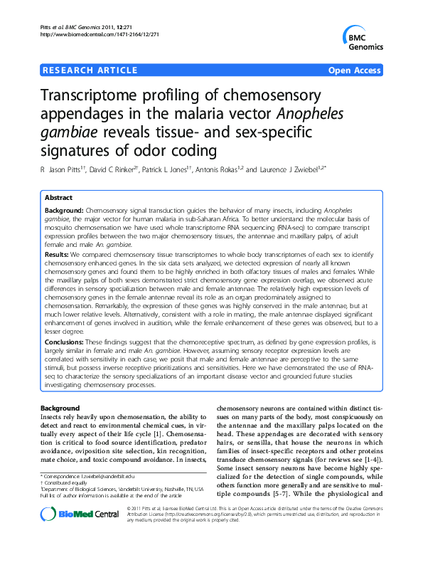 Pdf Transcriptome Profiling Of Chemosensory Appendages In The Malaria