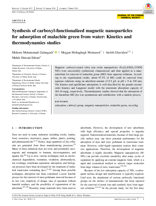 (PDF) Synthesis of carboxyl-functionalized magnetic nanoparticles for adsorption of malachite ...