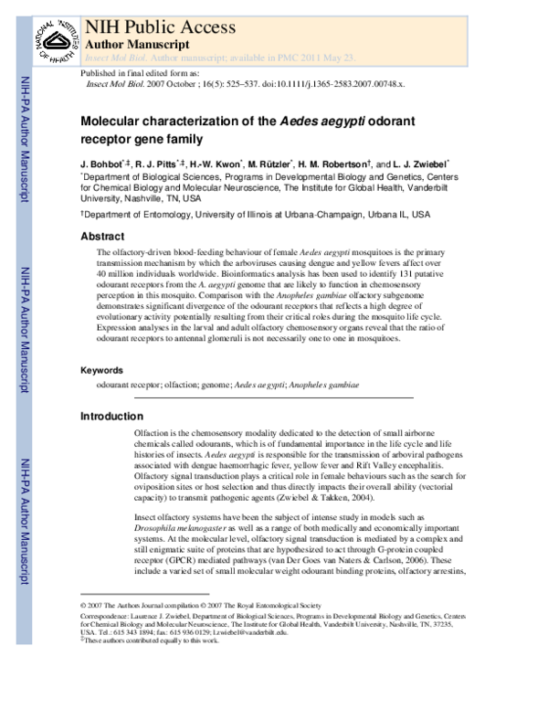 (PDF) Molecular characterization of the Aedes aegypti odorant receptor gene family