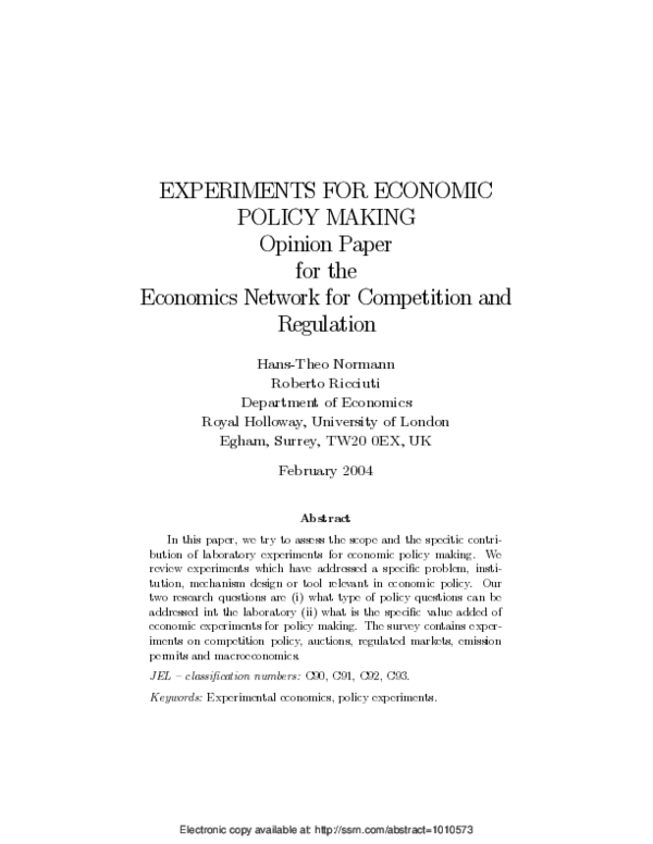 (PDF) Experiments for Economic Policy Making