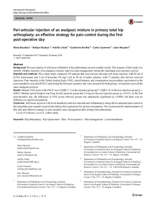 (PDF) Peri-articular injection of an analgesic mixture in primary total hip arthroplasty: an ...