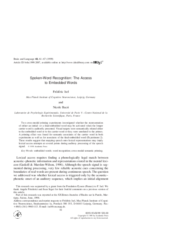 (PDF) Spoken-Word Recognition: The Access to Embedded Words