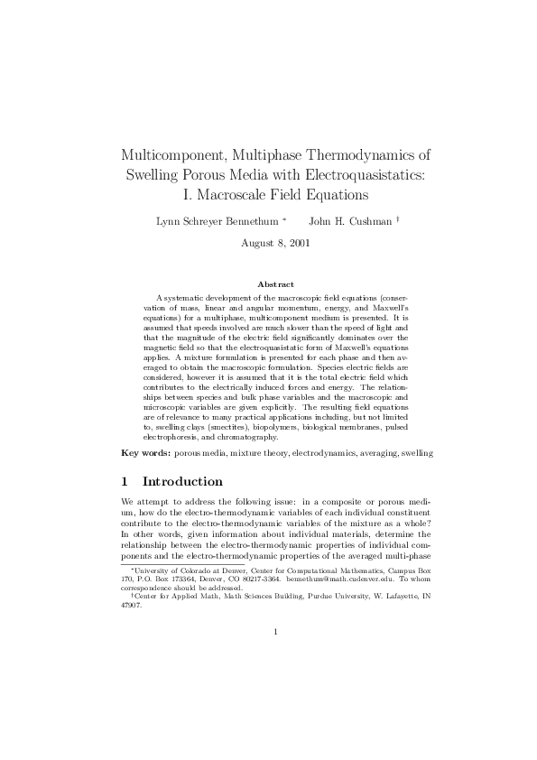 (PDF) Multicomponent, Multiphase Thermodynamics of Swelling Porous ...