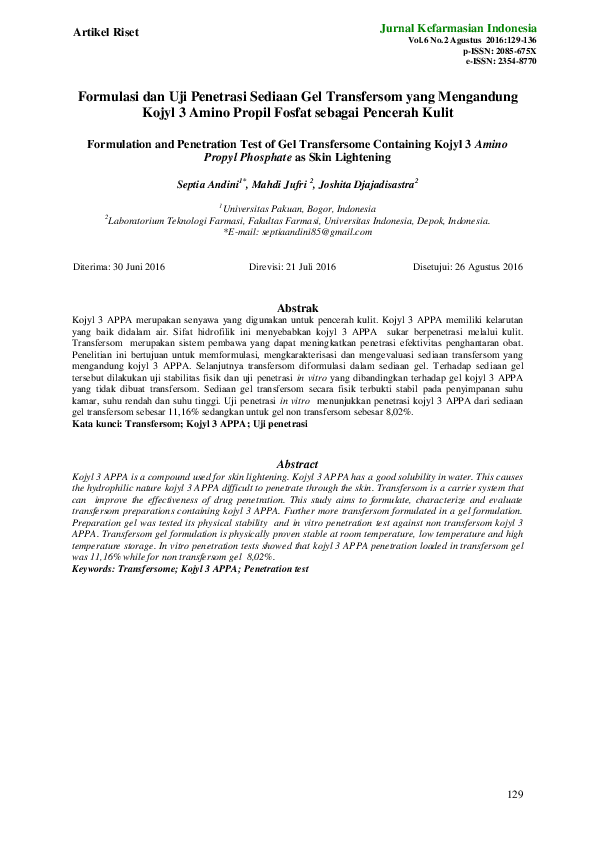 Formulasi dan Uji Penetrasi Sediaan Gel Transfersom yang Mengandung ...