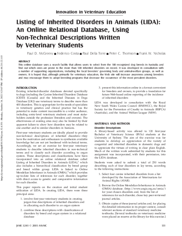 (PDF) Listing of Inherited Disorders in Animals (LIDA): An Online ...