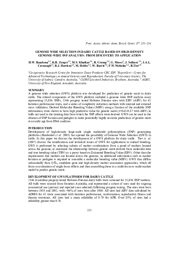 (PDF) Genome wide selection in dairy cattle based on high-density genome-wide SNP analysis: from ...