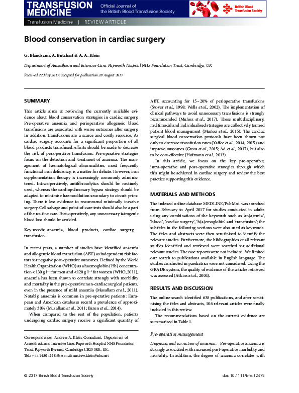 (PDF) Blood Conservation in Cardiac Surgery