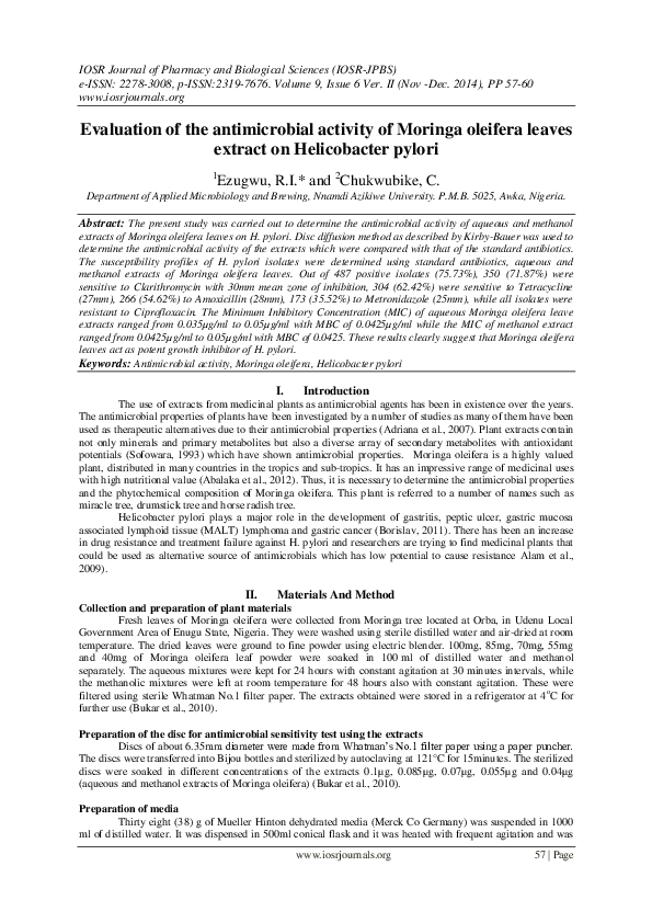 (PDF) Evaluation of the antimicrobial activity of Moringa oleifera leaves extract on ...