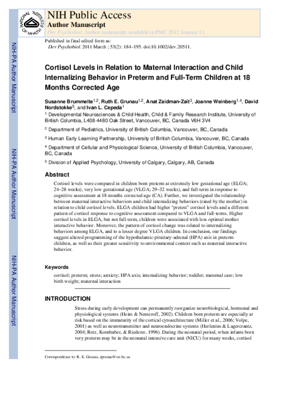 (PDF) Cortisol levels in relation to maternal interaction and child ...