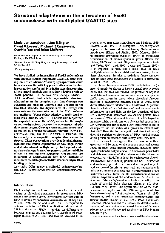 (PDF) Structural adaptations in the interaction of EcoRI endonuclease ...