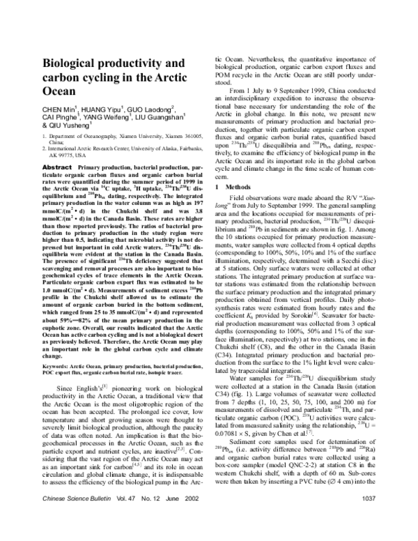 (PDF) Biological productivity and carbon cycling in the Arctic Ocean