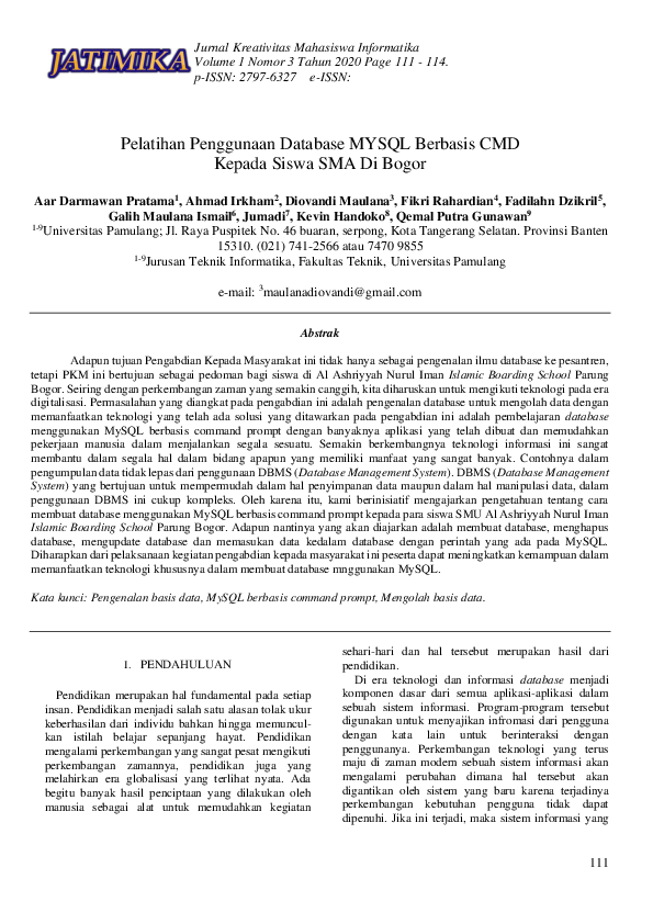 (PDF) Pelatihan Penggunaan Database MYSQL Berbasis CMD Kepada Siswa SMA Di Bogor