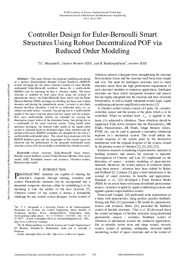 Pdf Controller Design For Euler Bernoulli Smart Structures Using