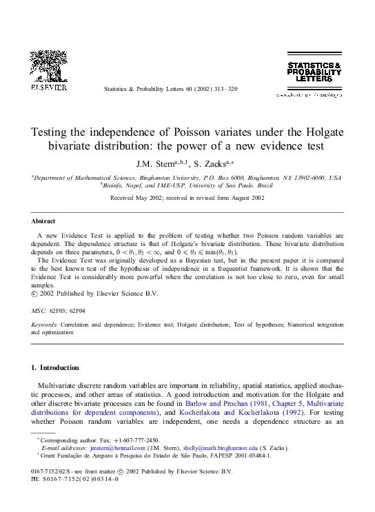 Pdf Testing The Independence Of Poisson Variates Under The Holgate Bivariate Distribution The 