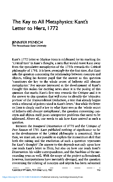 (PDF) The Key to All Metaphysics: Kant's Letter to Herz