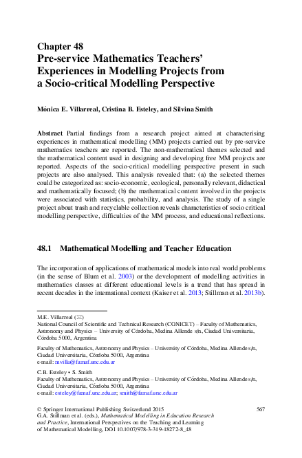 (PDF) Pre-service Mathematics Teachers’ Experiences in Modelling Projects from a Socio-critical ...