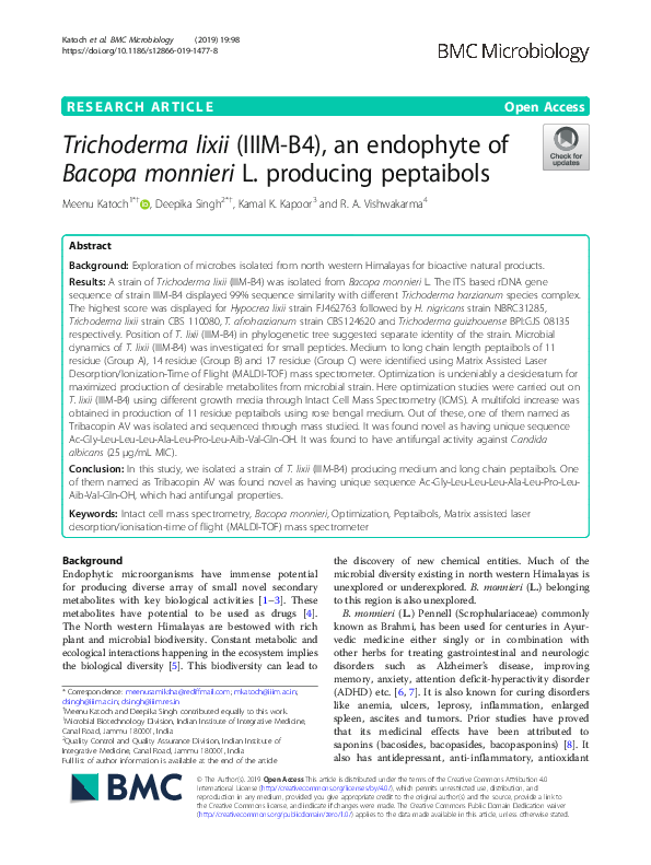 (PDF) Trichoderma lixii (IIIM-B4), an endophyte of Bacopa monnieri L. producing peptaibols