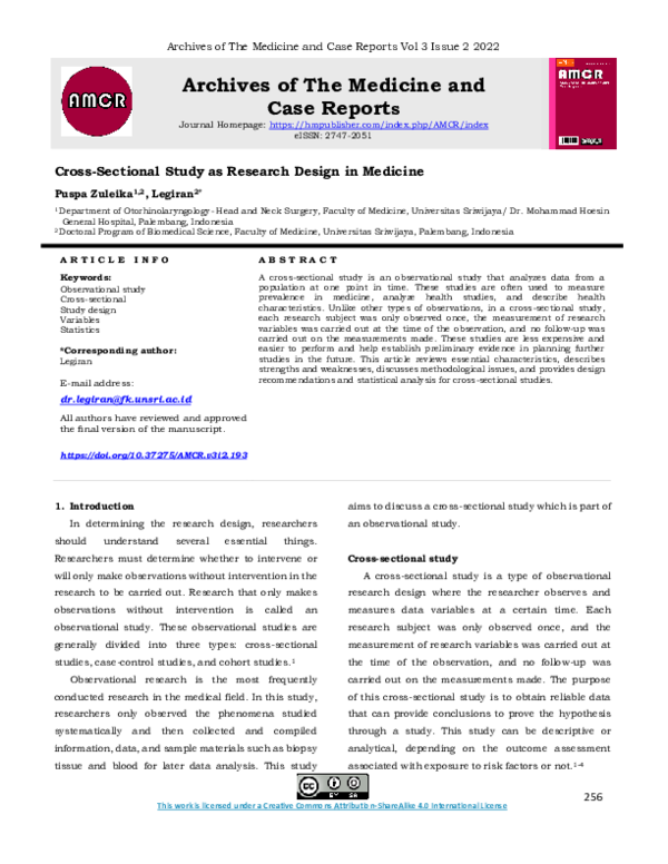 (PDF) Cross-Sectional Study as Research Design in Medicine