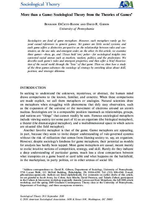 (PDF) More than a Game: Sociological Theory from the Theories of Games
