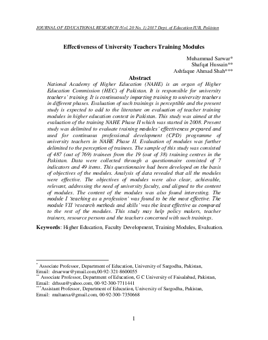 (PDF) Effectiveness of University Teachers Training Modules