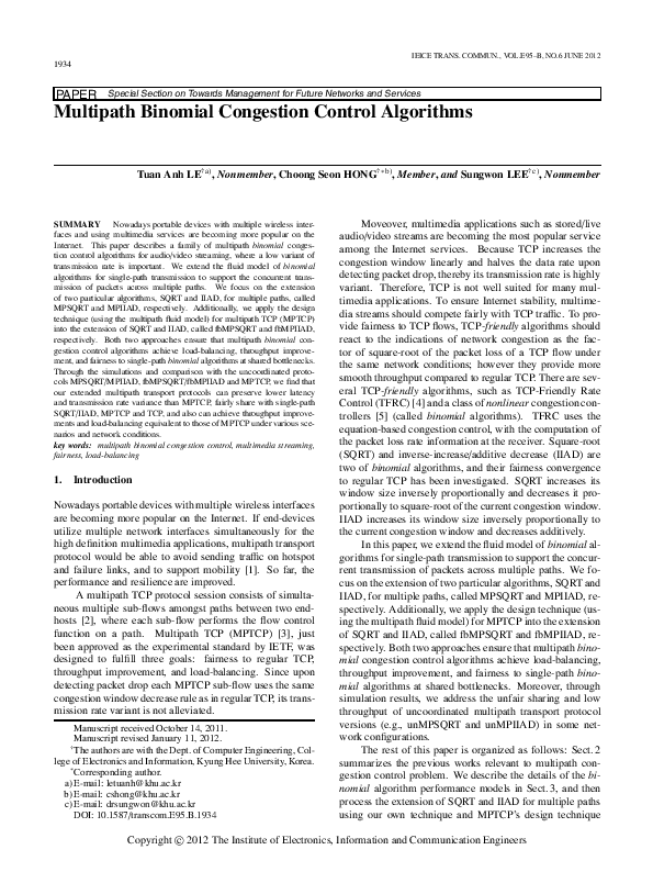 (PDF) Multipath Binomial Congestion Control Algorithms