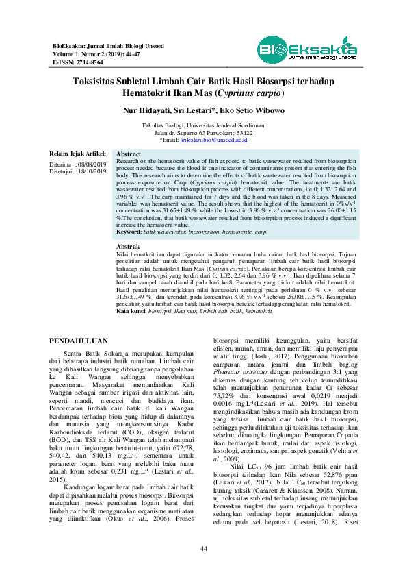 (PDF) Toksisitas Subletal Limbah Cair Batik Hasil Biosorpsi Terhadap ...