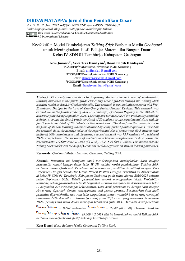 (PDF) Keefektifan Model Pembelajaran Talking Stick Berbantu Media Geoboard untuk Meningkatkan ...