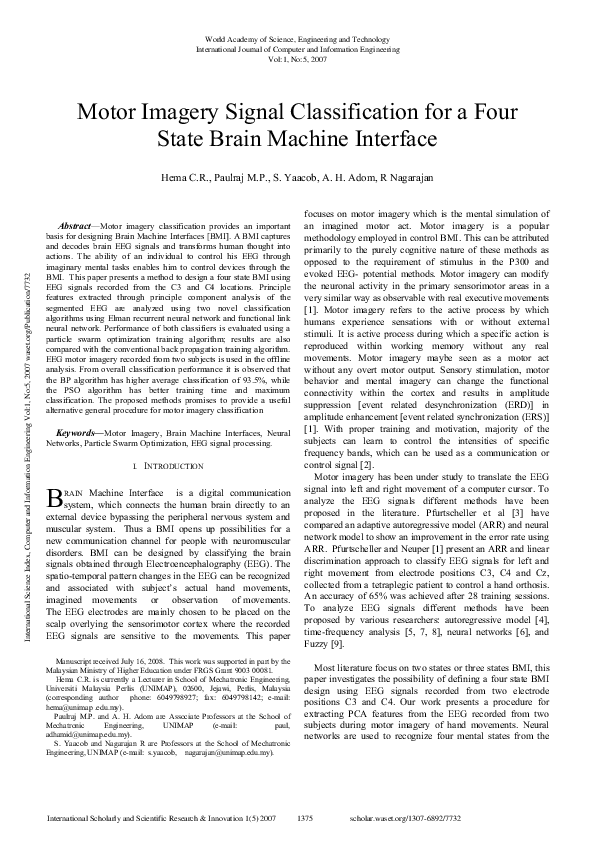 (PDF) Motor Imagery Signal Classification For A Four State Brain Machine Interface | Abdul Adom ...