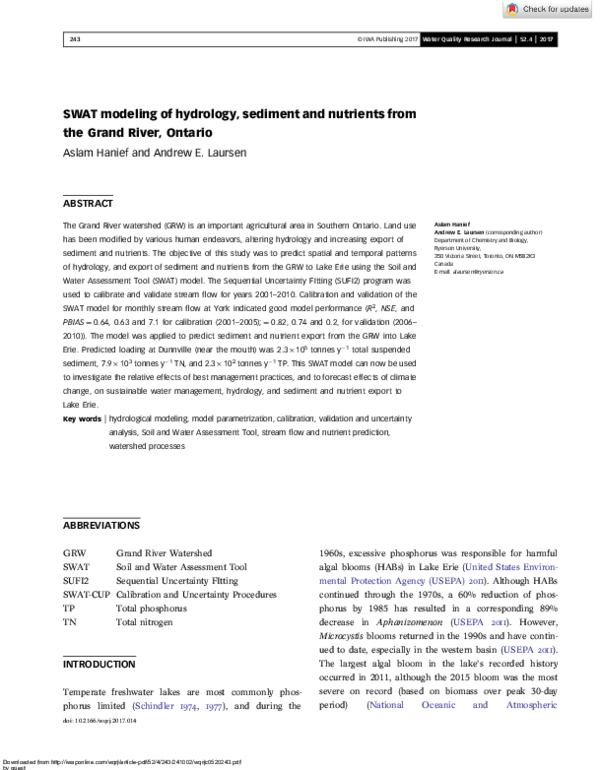 (PDF) SWAT modeling of hydrology, sediment and nutrients from the Grand River, Ontario