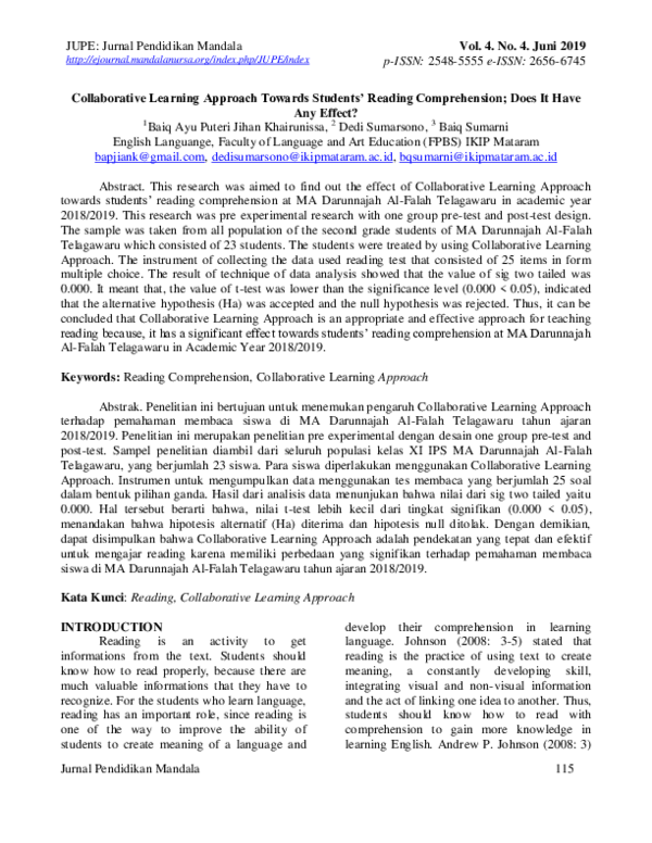 (PDF) Collaborative Learning Approach Towards Students’ Reading Comprehension; Does It Have Any ...