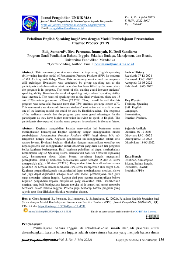 (PDF) Pelatihan English Speaking bagi Siswa dengan Model Pembelajaran Presentation Practice ...