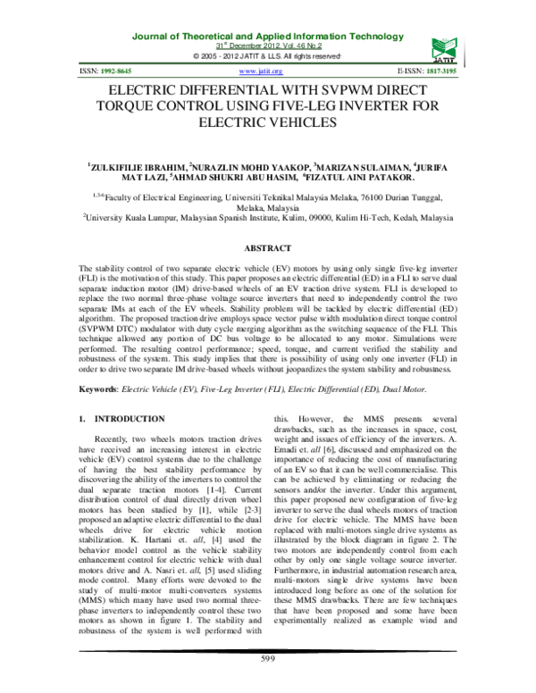 Pdf Electric Differential With Svpwm Direct Torque Control Using Five