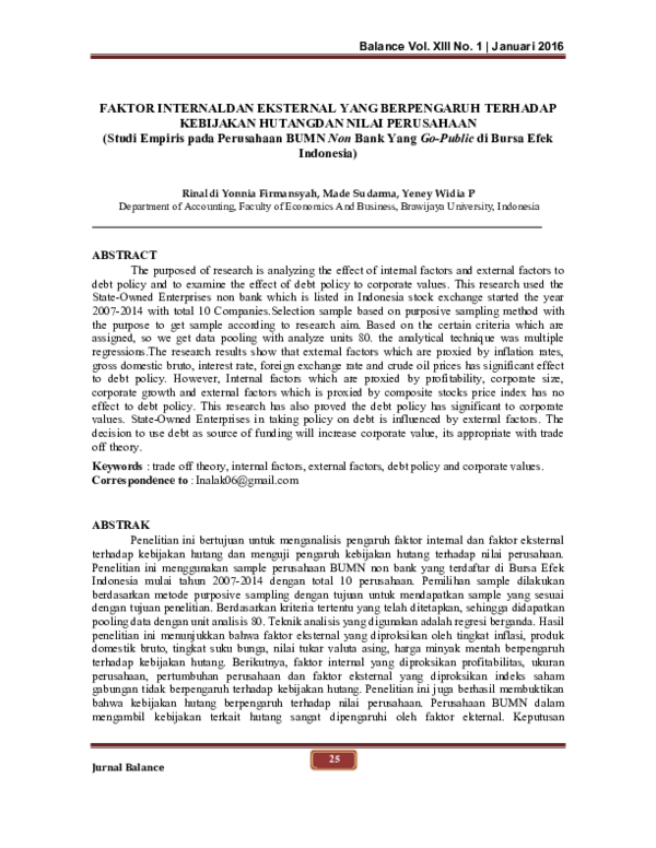 (PDF) FAKTOR INTERNALDAN EKSTERNAL YANG BERPENGARUH TERHADAP KEBIJAKAN HUTANG DAN NILAI ...