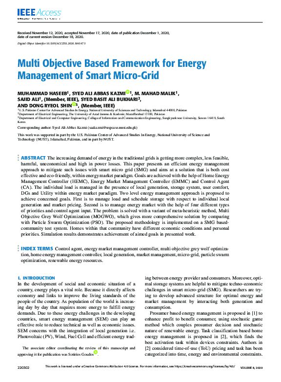 (PDF) Multi Objective Based Framework for Energy Management of Smart Micro-Grid