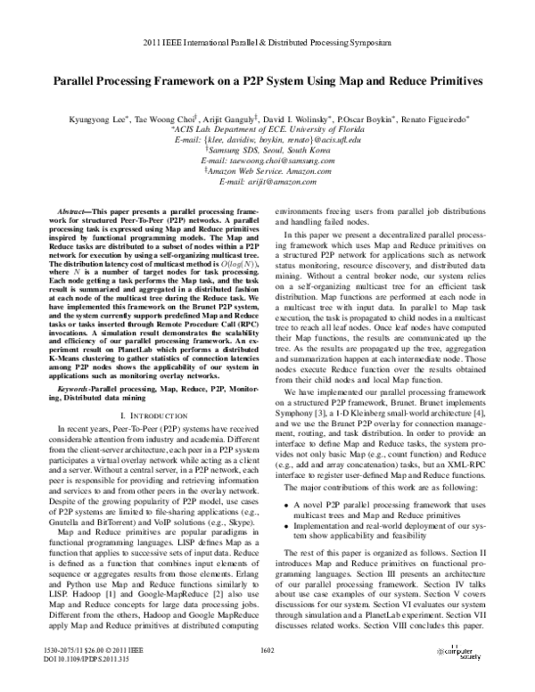 (PDF) Parallel Processing Framework on a P2P System Using Map and Reduce Primitives