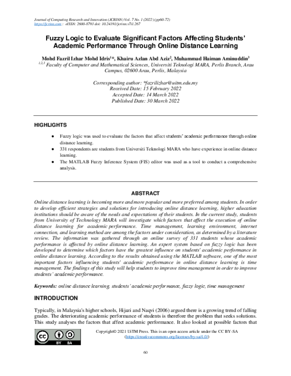(PDF) Fuzzy Logic to Evaluate Significant Factors Affecting Students’ Academic Performance ...