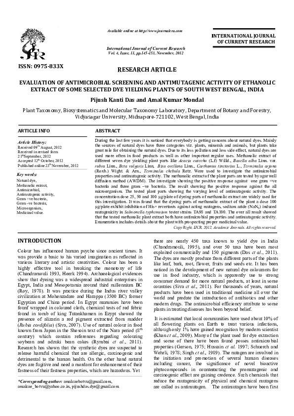 (PDF) Evaluation of Antimicrobial Screening and Antimutagenic Activity of Ethanolic Extract of ...