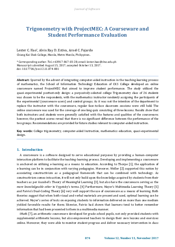 (PDF) Trigonometry with ProjectMEC: A Courseware and Student Performance Evaluation