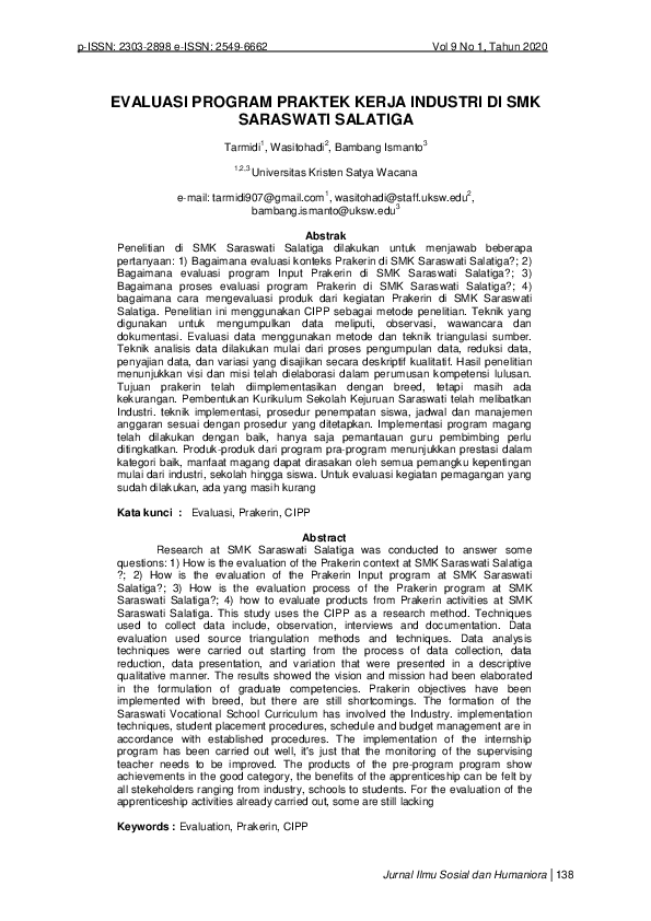 (PDF) Evaluasi Program Praktek Kerja Industri DI SMK Saraswati Salatiga (PDF) Evaluasi Program Praktek Kerja Industri DI SMK Saraswati Salatiga