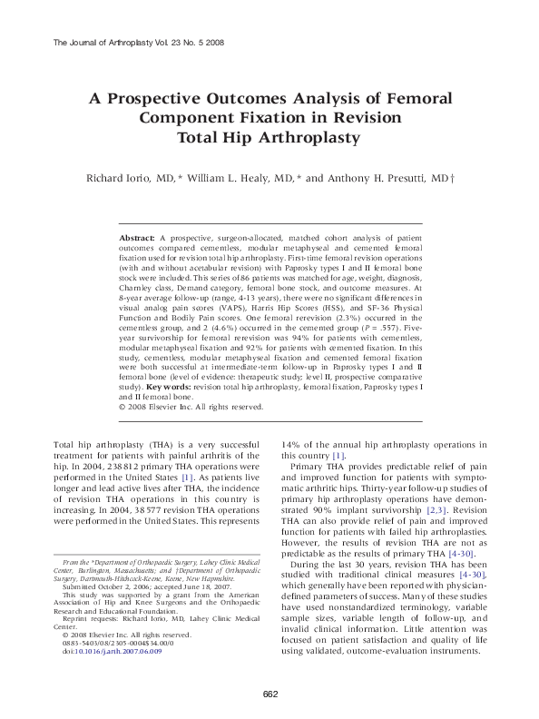 (PDF) A Prospective Outcomes Analysis of Femoral Component Fixation in Revision Total Hip ...