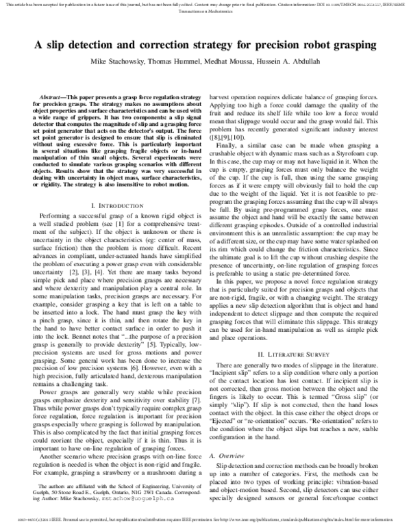 (PDF) A Slip Detection and Correction Strategy for Precision Robot Grasping
