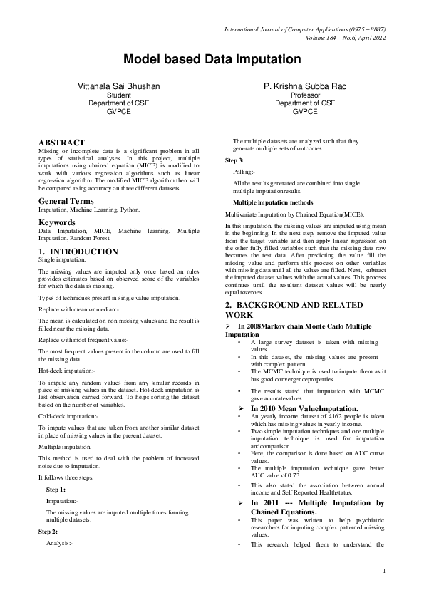 (PDF) Model based Data Imputation