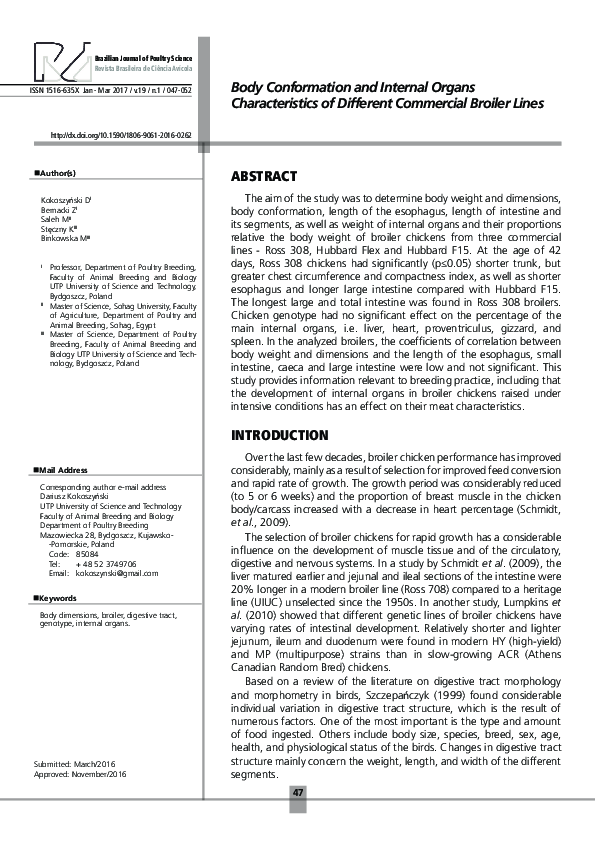 (PDF) Body Conformation and Internal Organs Characteristics of Different Commercial Broiler Lines