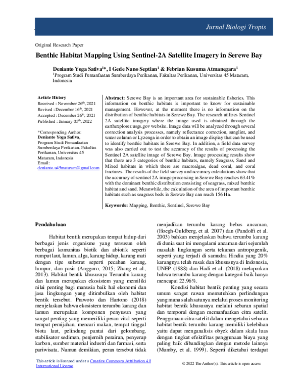 (PDF) Benthic Habitat Mapping Using Sentinel-2A Satellite Imagery in Serewe Bay
