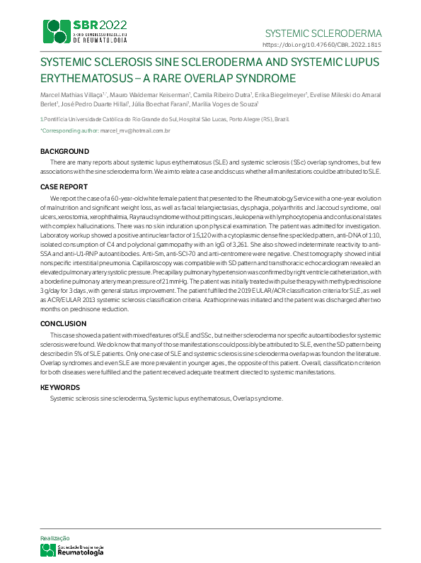 (PDF) Systemic Sclerosis Sine Scleroderma and Systemic Lupus Erythematosus - a Rare Overlap Syndrome