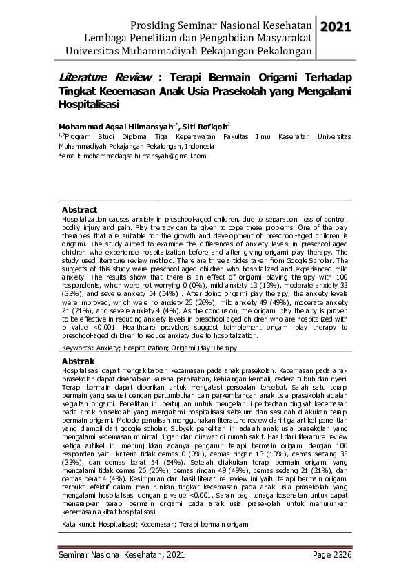 (PDF) Literature Review : Terapi Bermain Origami Terhadap Tingkat ...